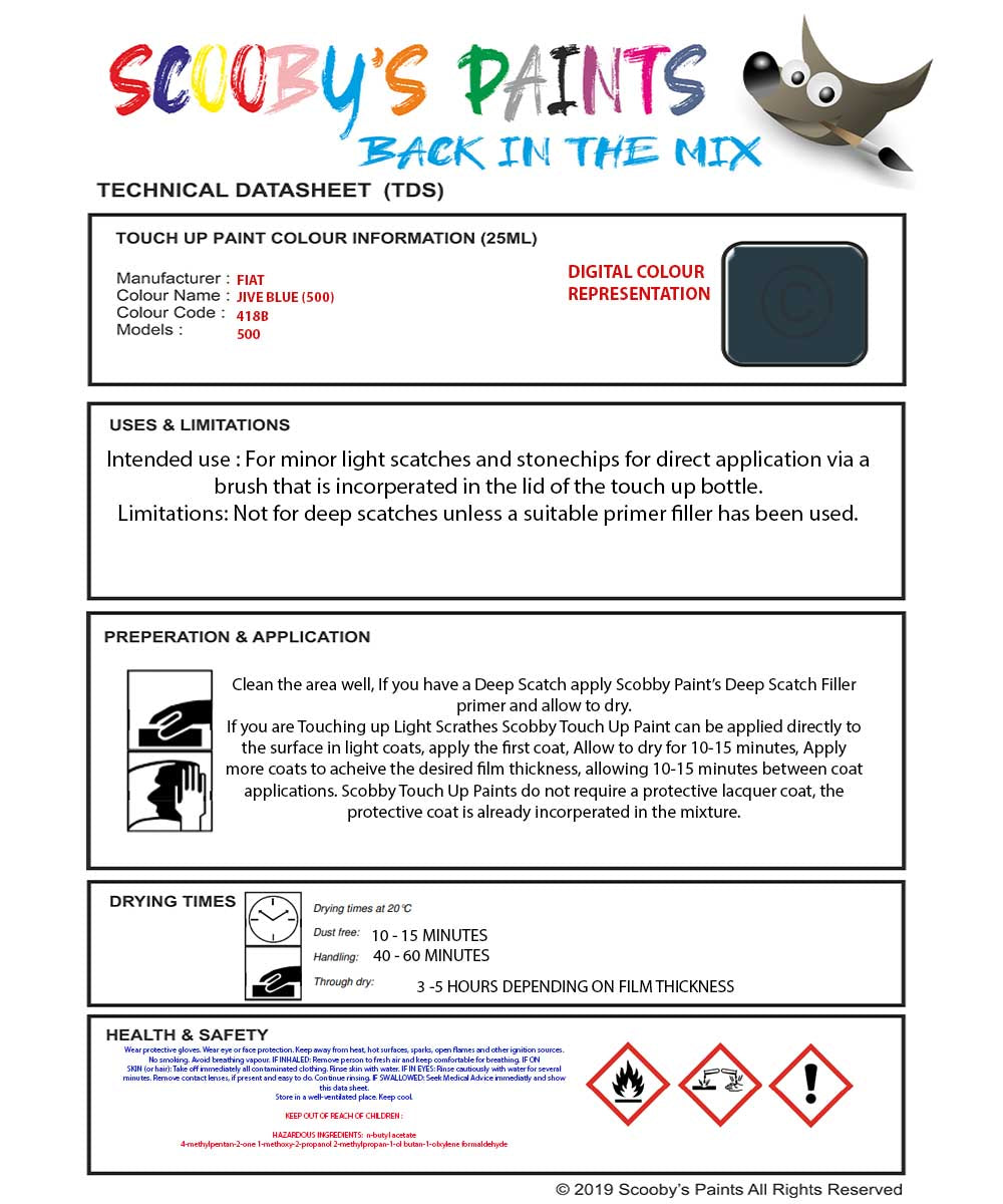 Paint For Fiat/Lancia 500 Jive Blue 500 Code 418B Car Touch Up Paint ...